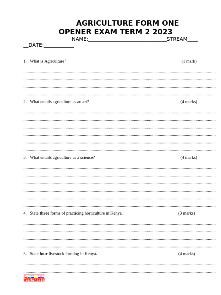 Agric Form One Question Term 2 Opener 2023 Teacher Co Ke | PDF ...