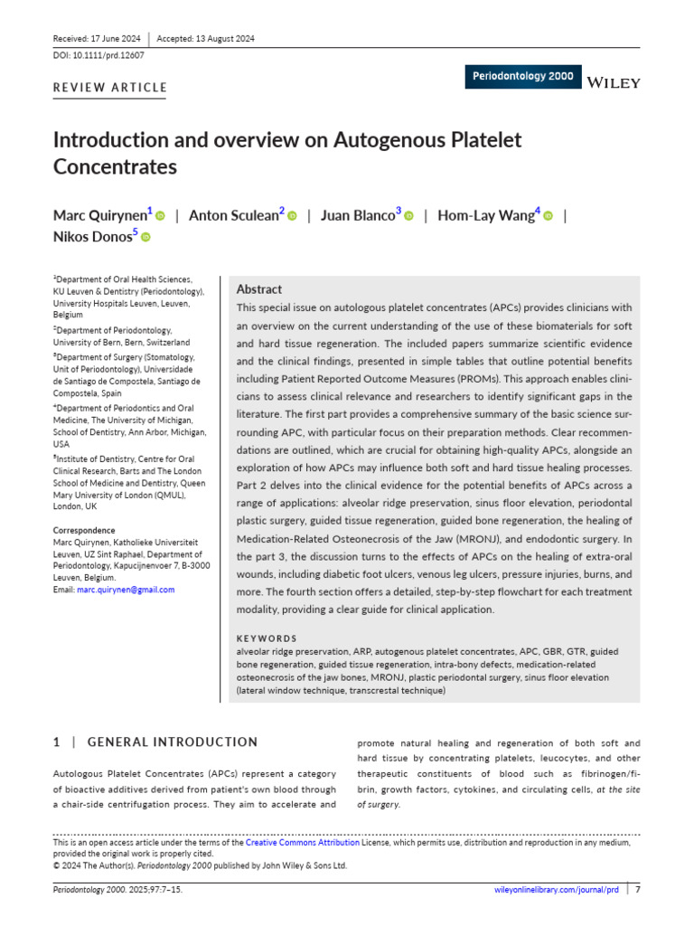 Introduction and Overview On Autogenous Platelet C | PDF | Wound | Coagulation