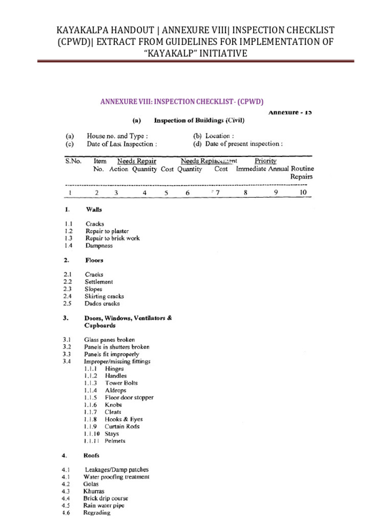 ANX - Viii. Inspection Checklist (CPWD) | PDF