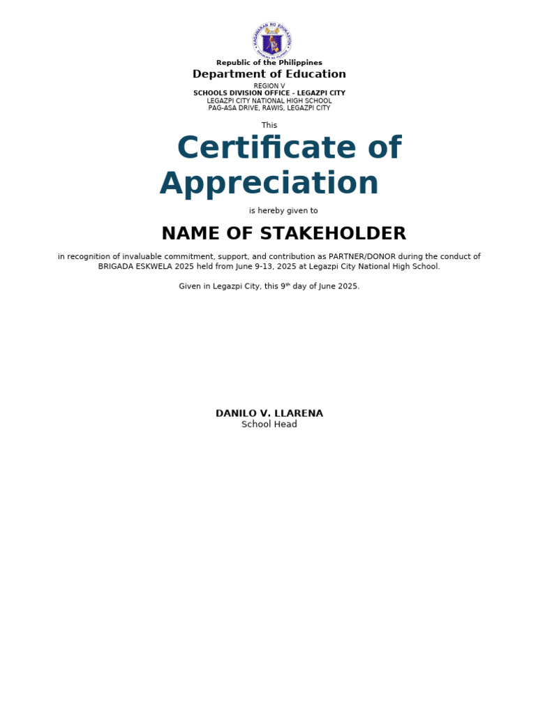 CERT of Appreciation Brigada | PDF