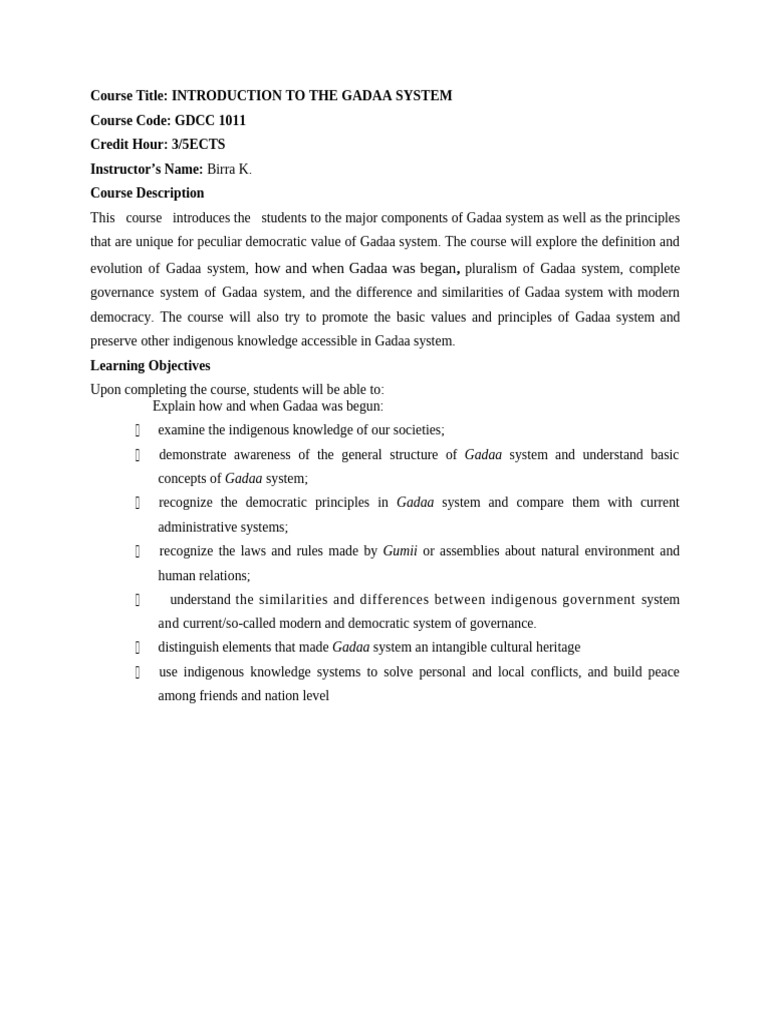 Gadaa Common Course Out Line | PDF | Cultural Heritage | Political Science