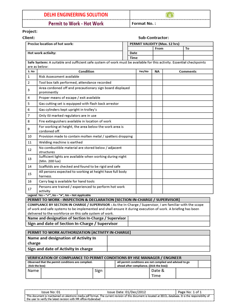 Hot Work Permit Compliance Checklist | PDF | Safety