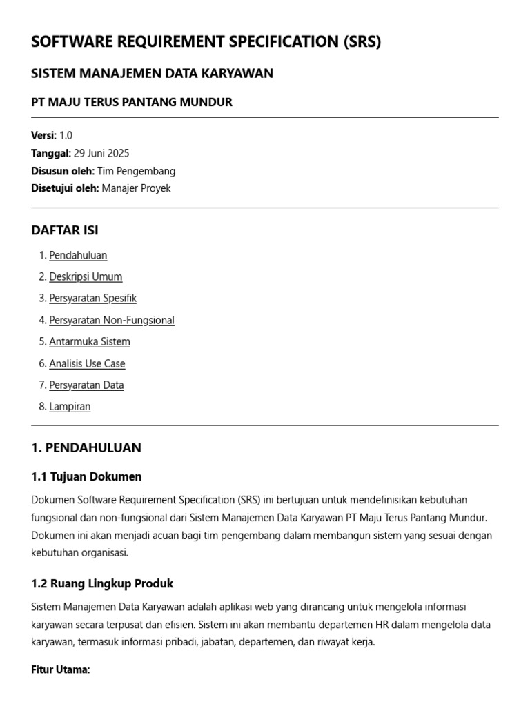 Software Requirement Specification (SRS) - Sistem Data Karyawan 1 | PDF