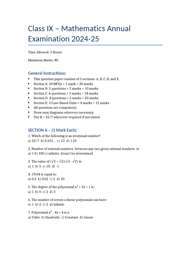 NCERT Class 9 Math Question Paper | PDF | Numerical Analysis ...