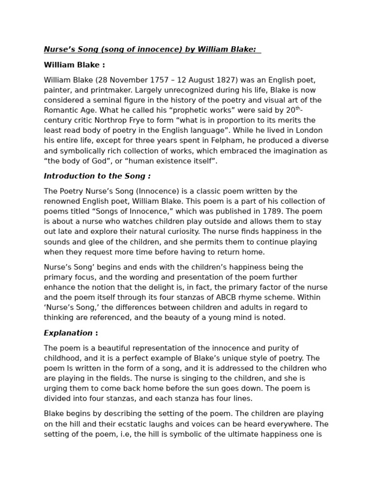 Innocence in Blake's Nurse's Song | PDF | William Blake | Poetry