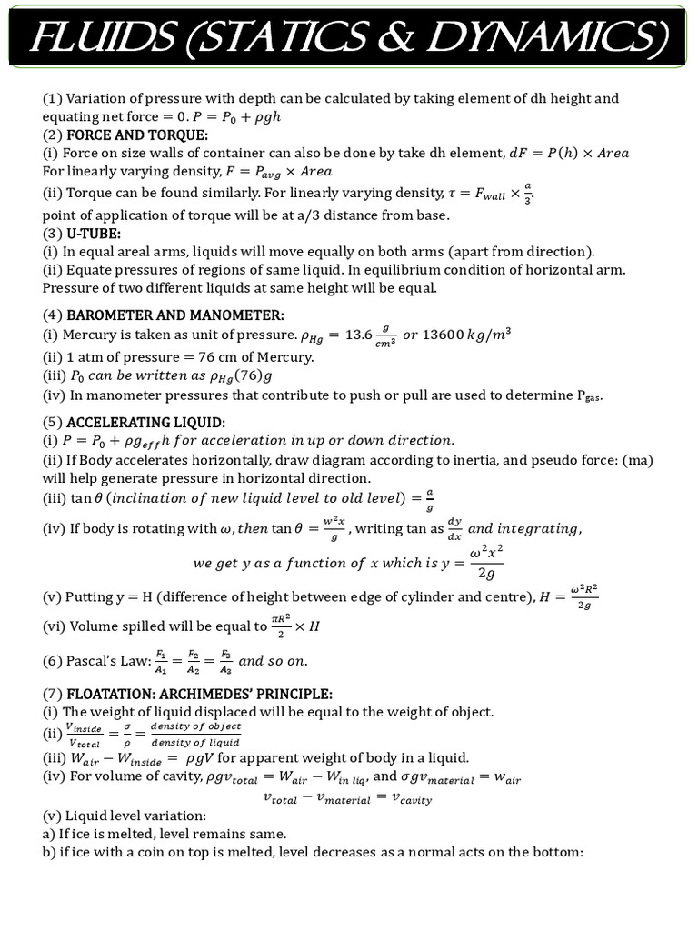 Fluid Statics and Dynamics Overview | PDF | Pressure | Force