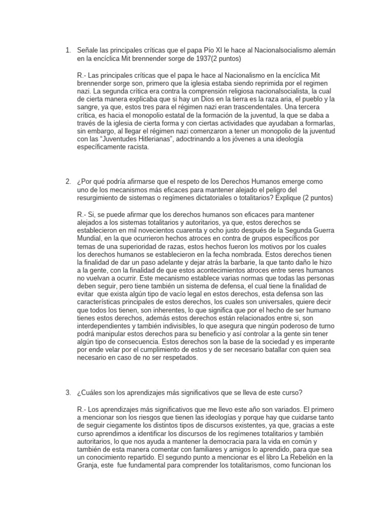 Señale Las Principales Críticas Que El Papa Pío XI Le Hace Al Nacionalsocialismo Alemán en La ...