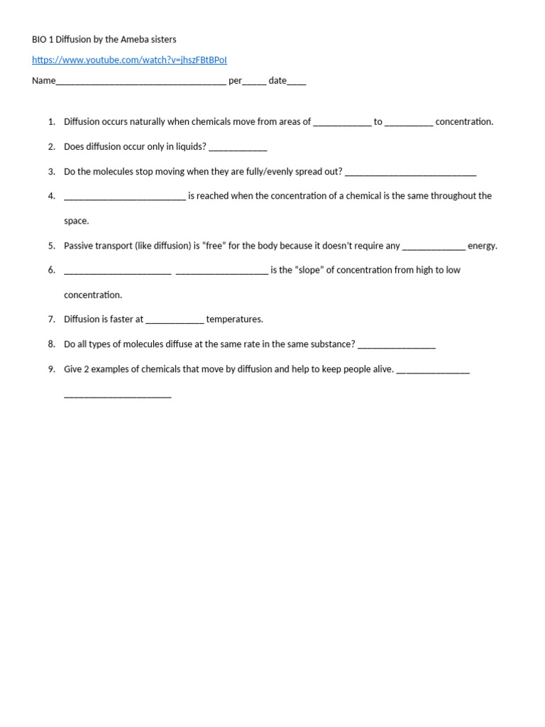 BIO 1 Diffusion by The Ameba Sisters | PDF