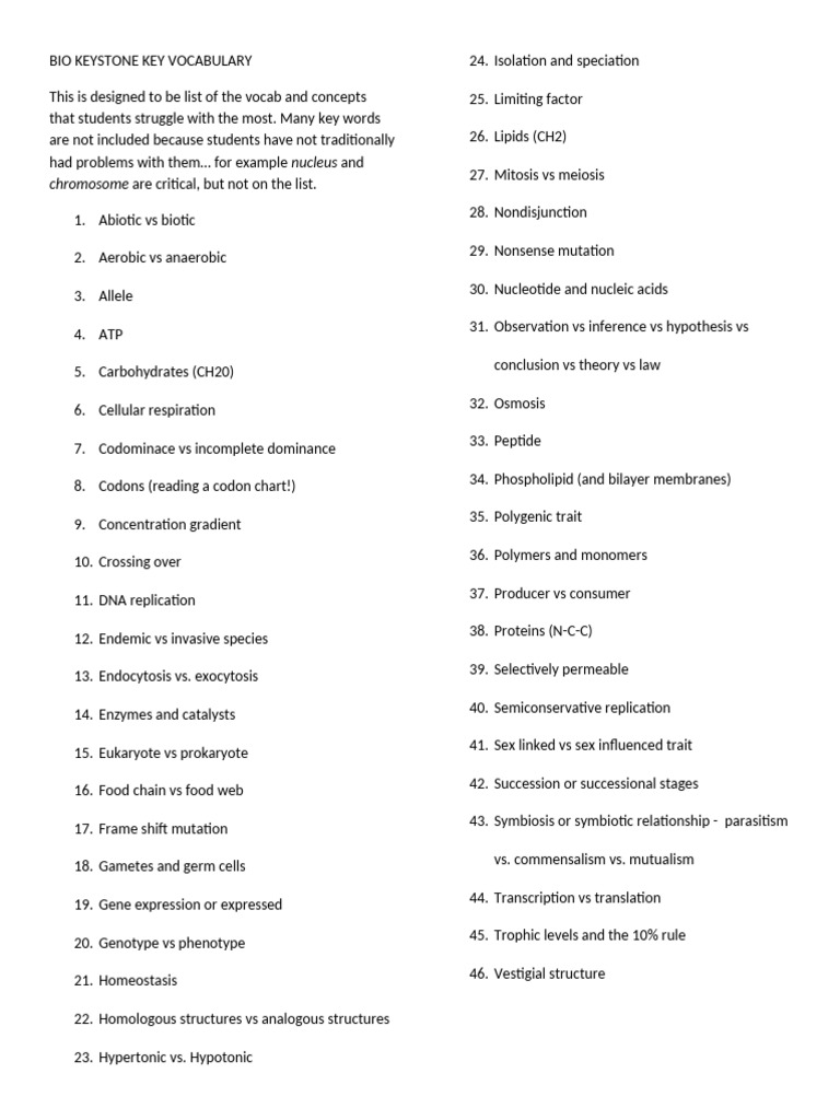 Bio Keystone Key Vocabulary2 | PDF