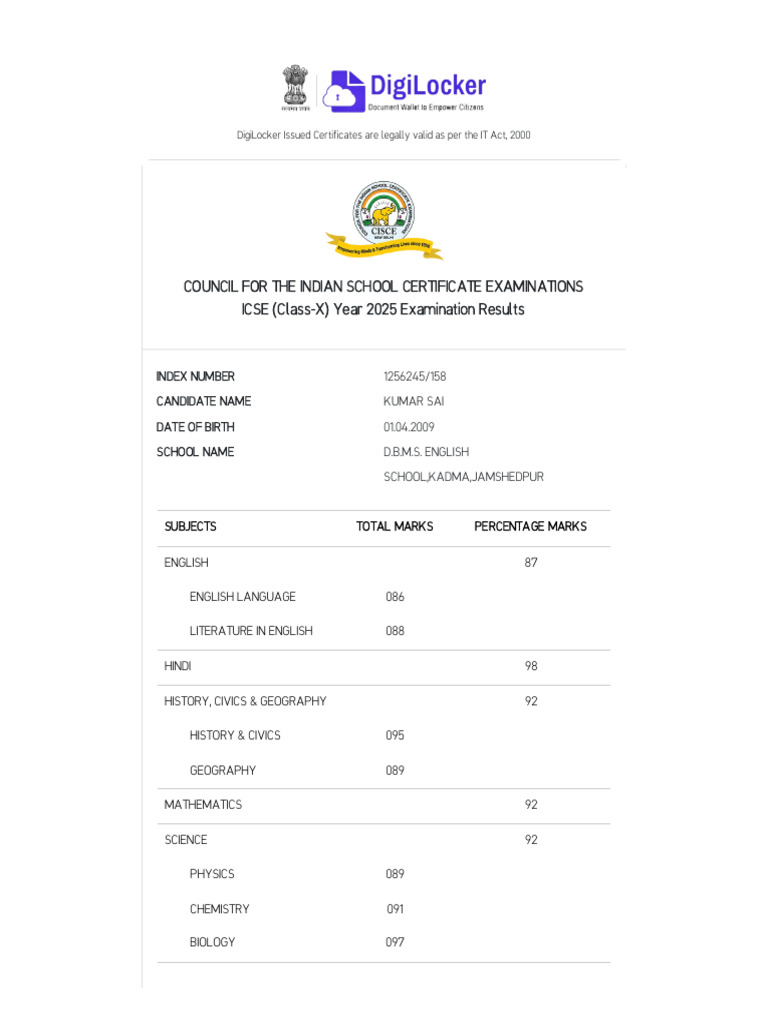 ICSE 10th Result 2025 in DigiLocker | PDF