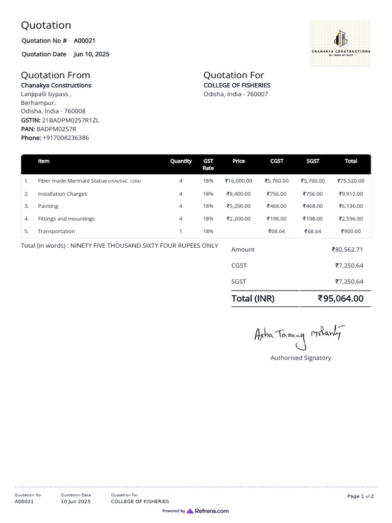 Quotation A00021 Chanakya Constructions College of Fisheries | PDF