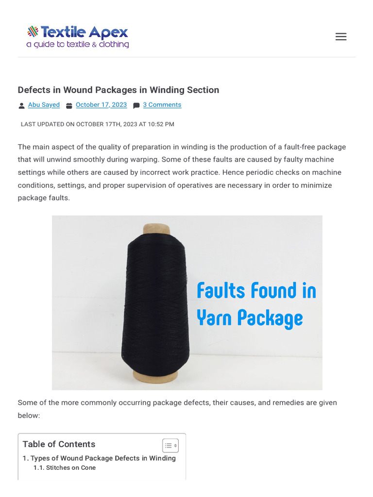 Wound Package Defects in Winding Process | PDF | Spindle (Textiles) | Yarn