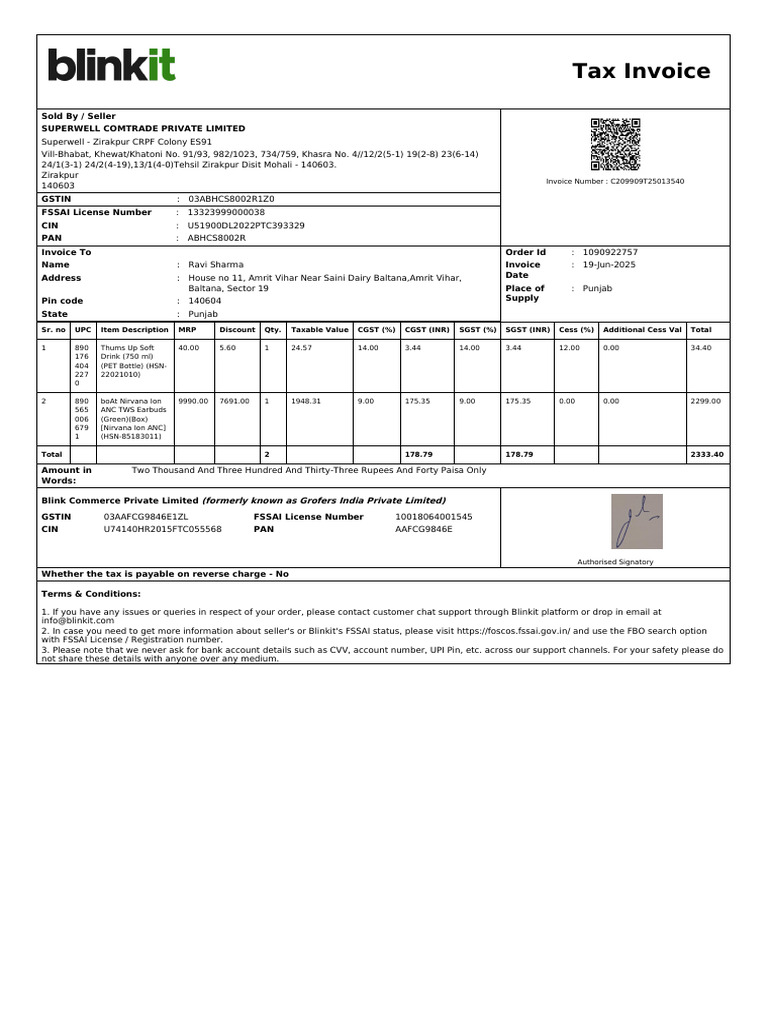 Tax Invoice for Ravi Sharma - Superwell & Blinkit | PDF | Economy Of ...