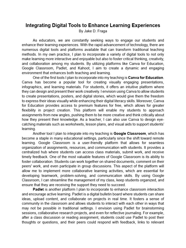 Integrating Digital Tools To Enhance Learning Experiences | PDF | Learning | Critical Thinking
