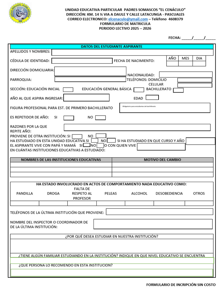 Formulario de MATRICULA 2 Cenaculo | PDF