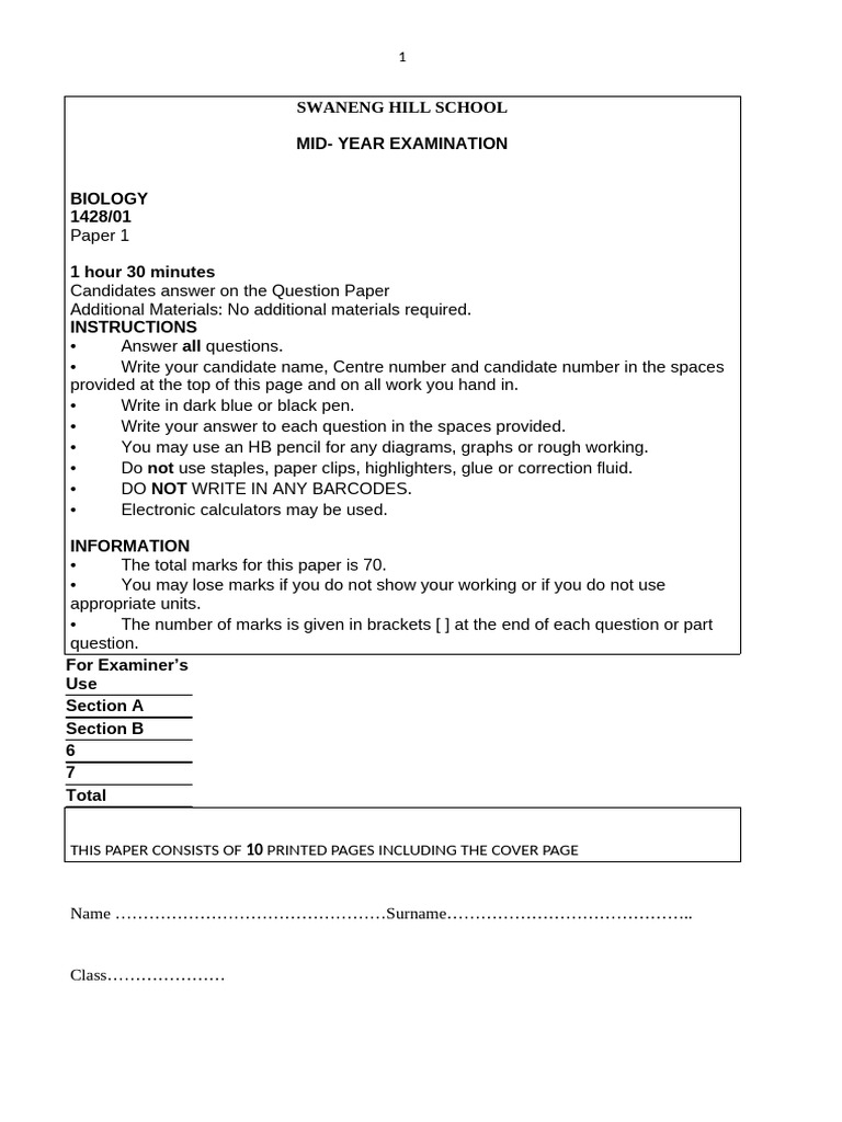 Form 4 Mid Year Bio Final 2024 | PDF | Cell (Biology) | Root
