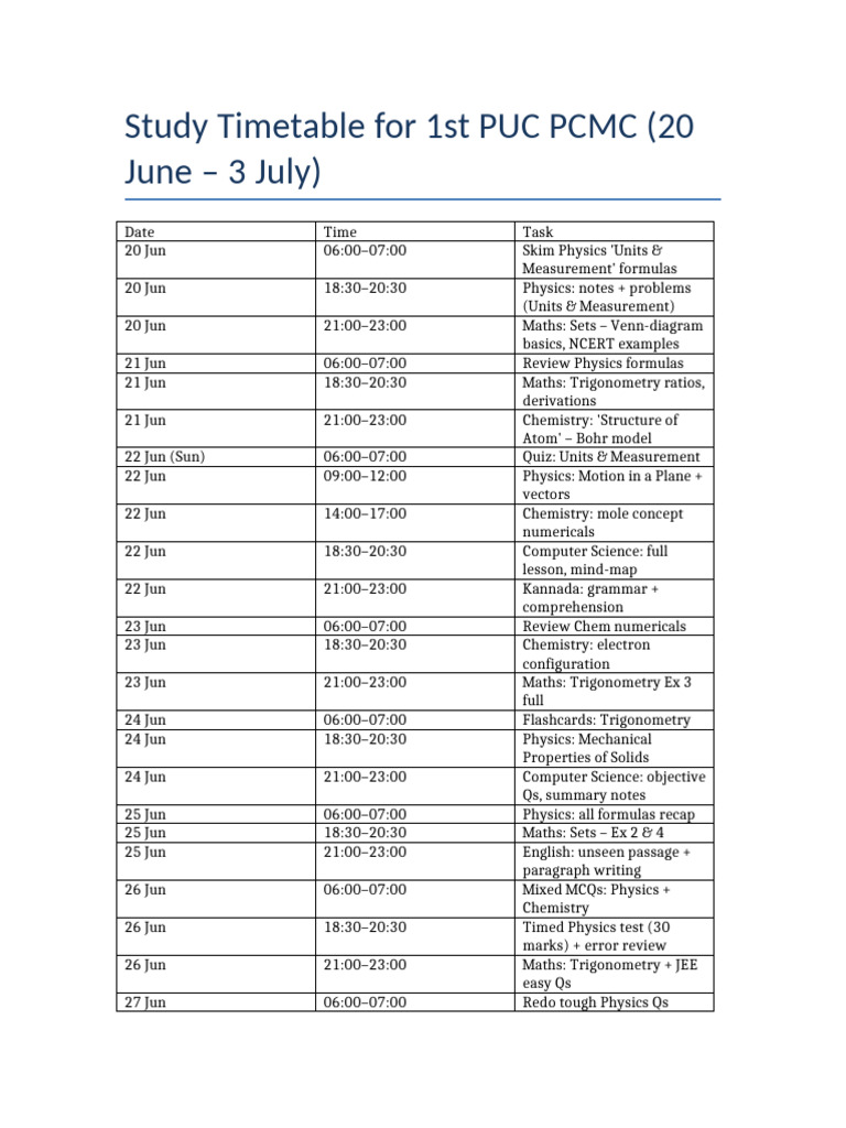 PUC Study Timetable June July | PDF | Physics | Physical Sciences