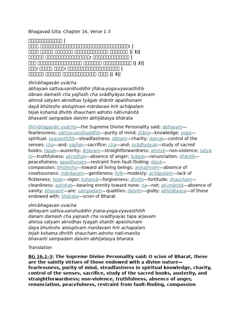Bhagavad Gita Chapter 16, Verse 1-3 | PDF | Virtue | Greed