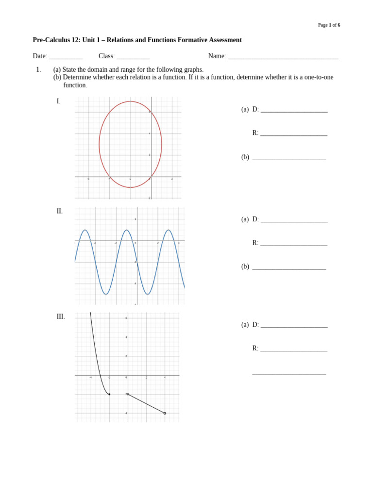 Pre-Calculus 12 Relations and Functions Formative Assessment | PDF ...