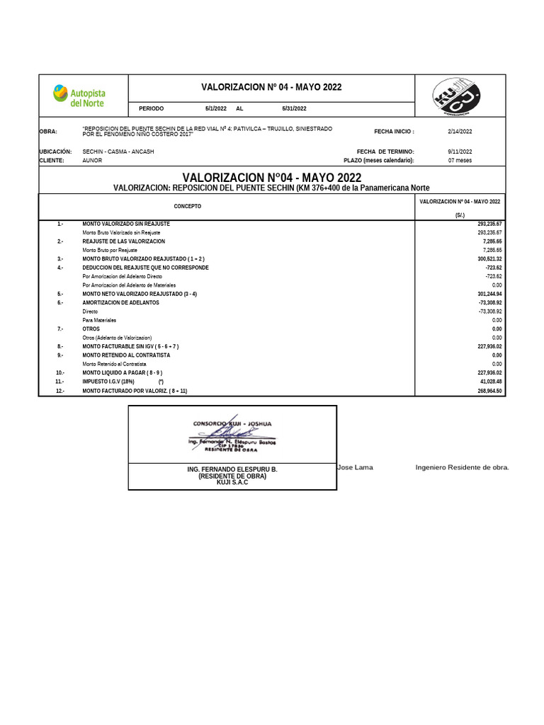 Anexo 13.1. Valorización N°04 - Puente Sechin-Mayo .Actualizado | PDF | Ingeniería estructural ...