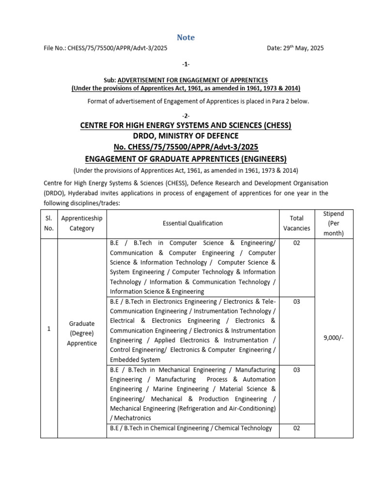 DRDO CHESS Apprentice Recruitment 2025 Notification Form | PDF | Apprenticeship | Engineering