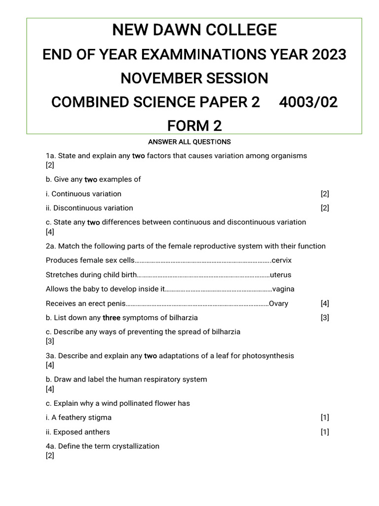 Combined Science Exam Questions 2023 | PDF | Flowers