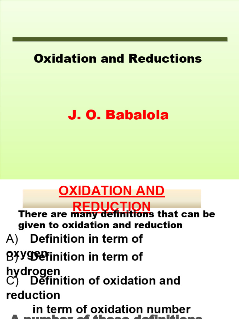 Oxidation and Reductions: J. O. Babalola | PDF | Redox | Chemical Reactions