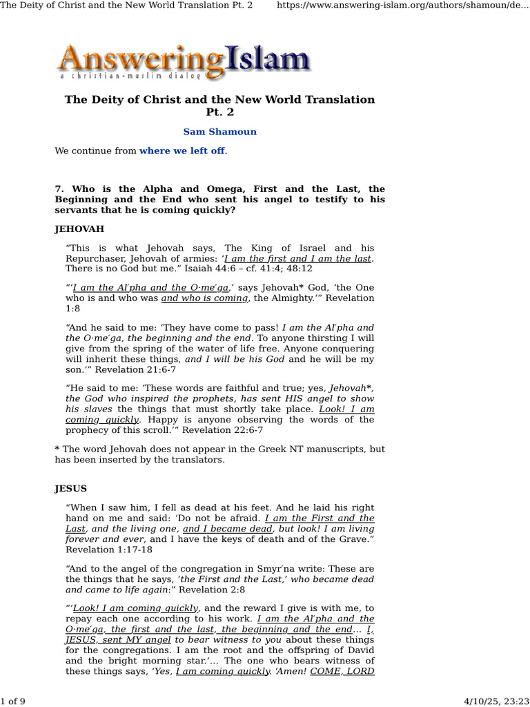 The Deity of Christ and The New World Translation Pt. 2 | PDF | Jesus ...
