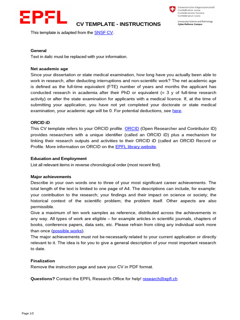 EPFL CV Template Instructions | PDF | Thesis | Doctor Of Philosophy