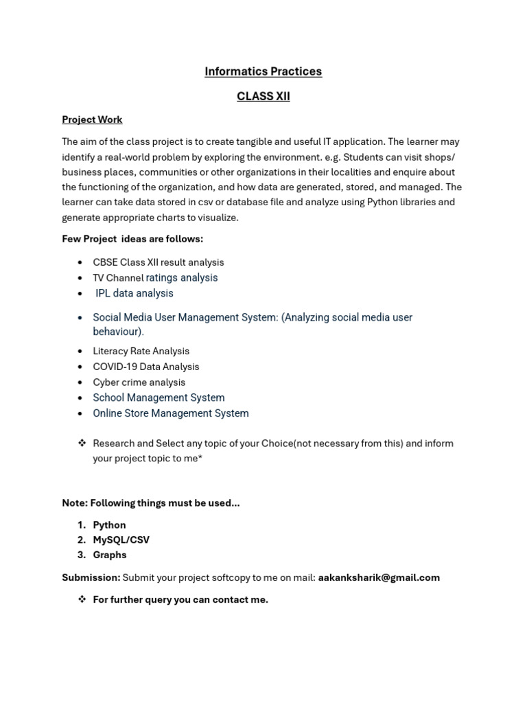 Project Instructions CLASS XII | PDF