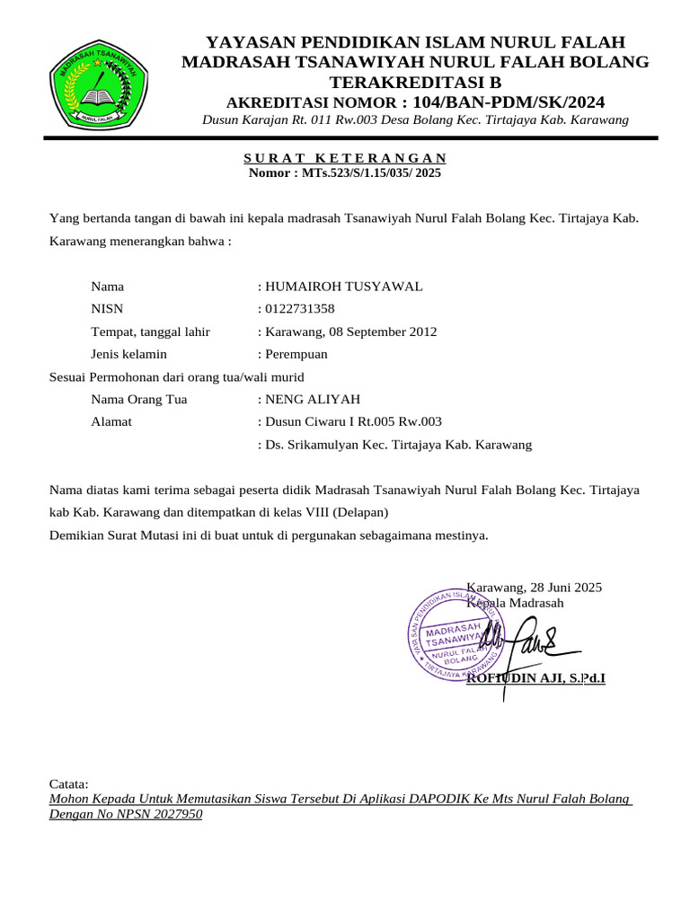 Surat Mutasi Masuk | PDF