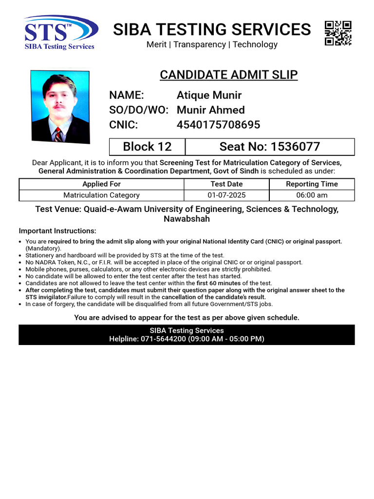 Siba Testing Services: Candidate Admit Slip | PDF