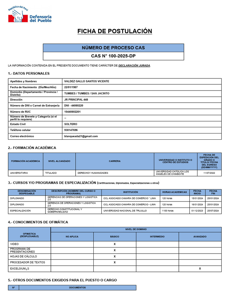 Ficha de Postulación CAS N° 100-2025-DP | PDF