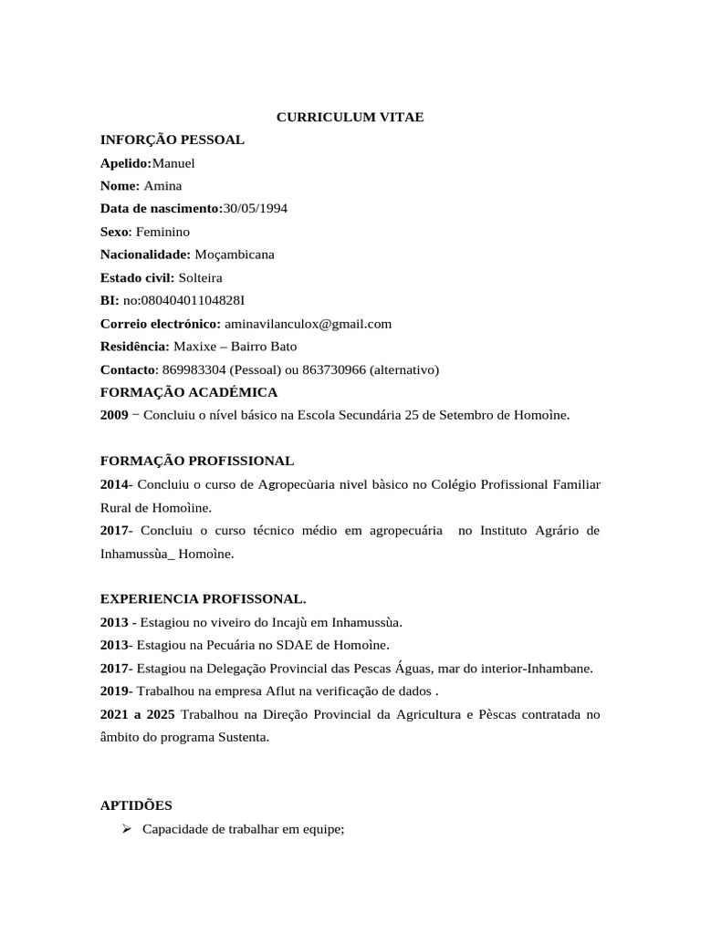 Currículo Amina Manuel - Agropecuária | PDF
