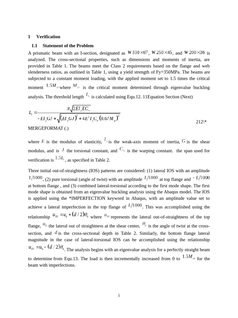 Tolerance Choices and Initial Parametric Runs of Beam Under Constant ...