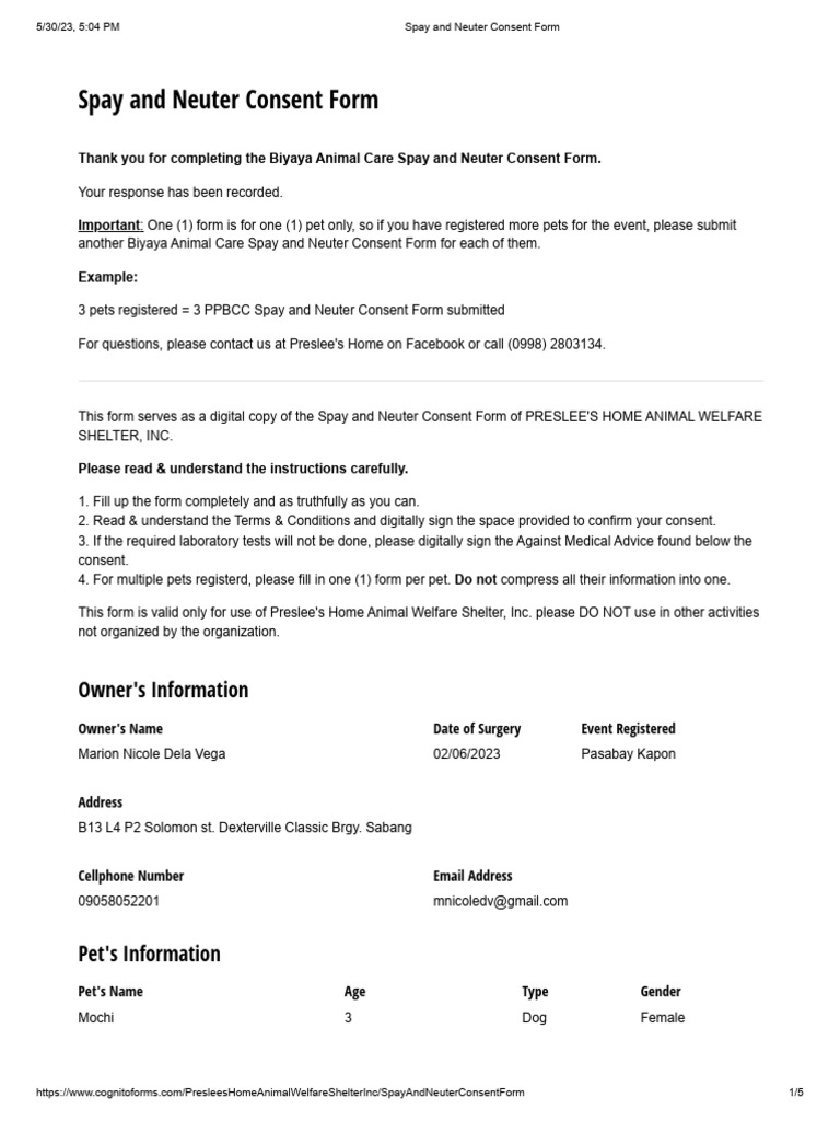Spay and Neuter Consent Form | PDF | Neutering | Surgery