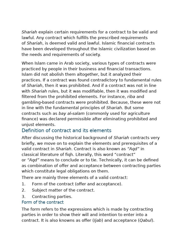 Key Elements of Islamic Contracts | PDF | Sharia | Offer And Acceptance