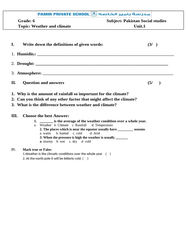 Grade 6 (Weather and Climate) Test | PDF