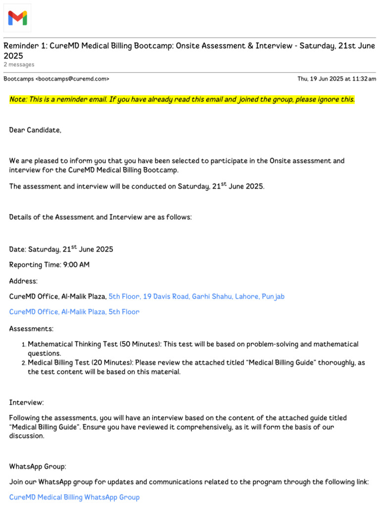 Gmail - Reminder 1 - CureMD Medical Billing Bootcamp - Onsite ...