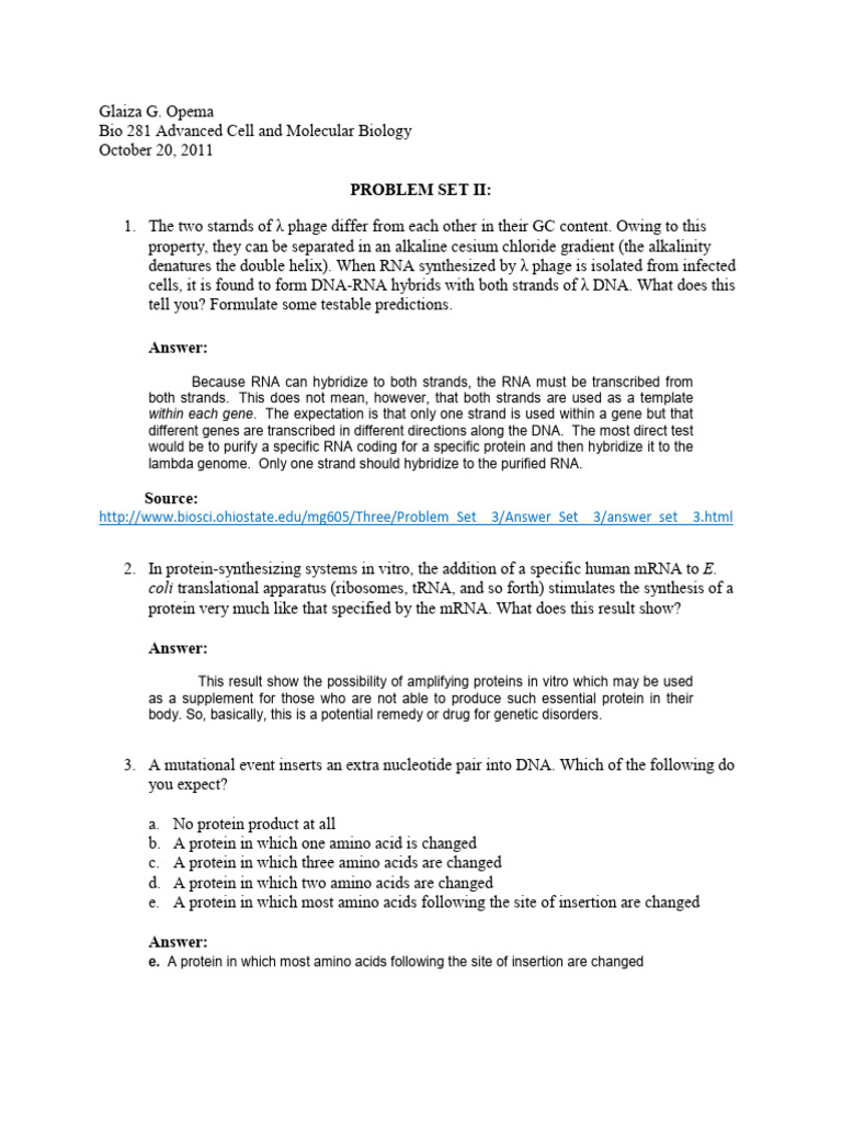 Cell and Mol. Biology Problem Set 2 | PDF | Gene | Rna