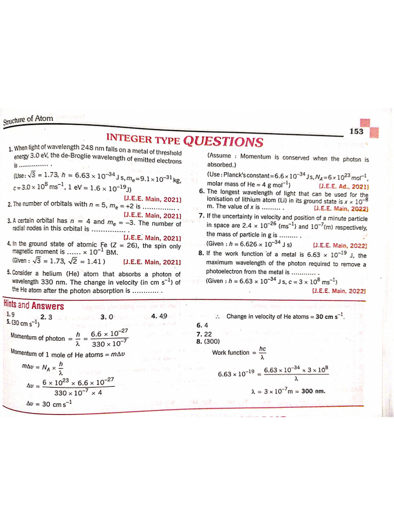 Chapter 2 Structure of Atom Questions | PDF