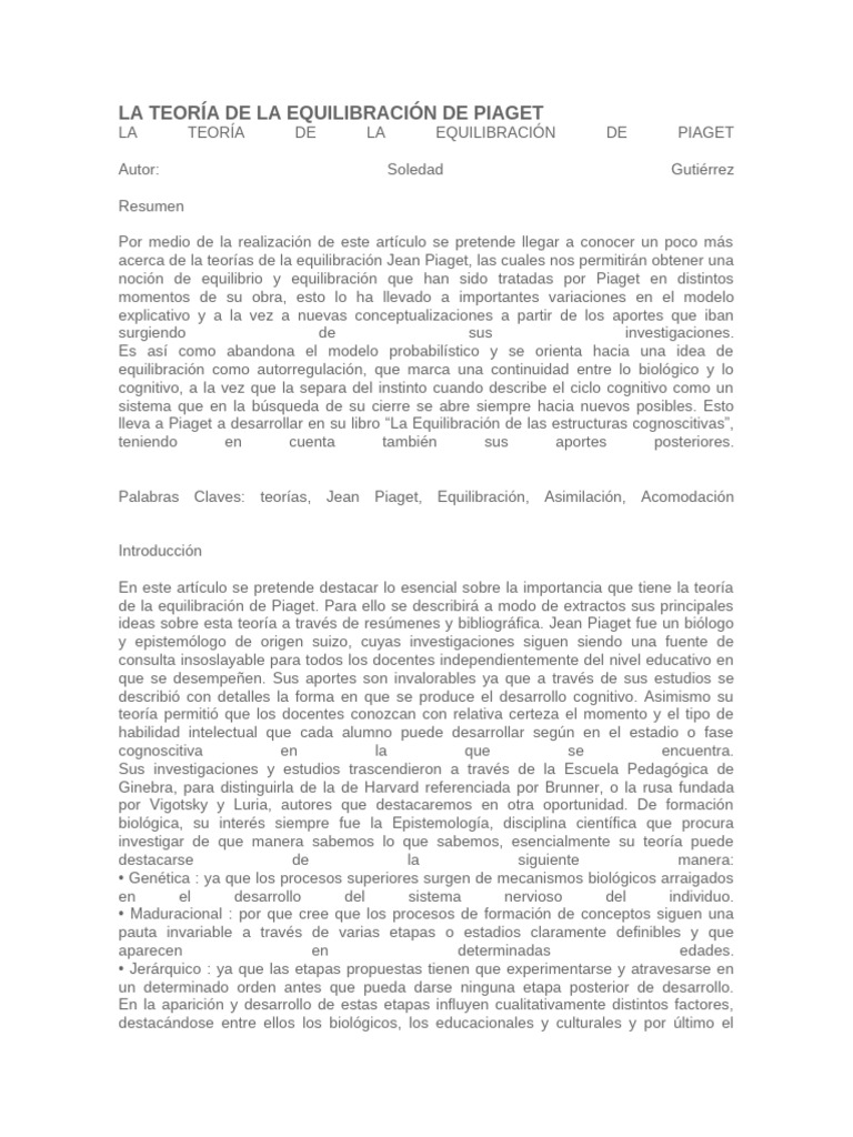 La Teoría de La Equilibración de Piaget | PDF | Aprendizaje | Teoría