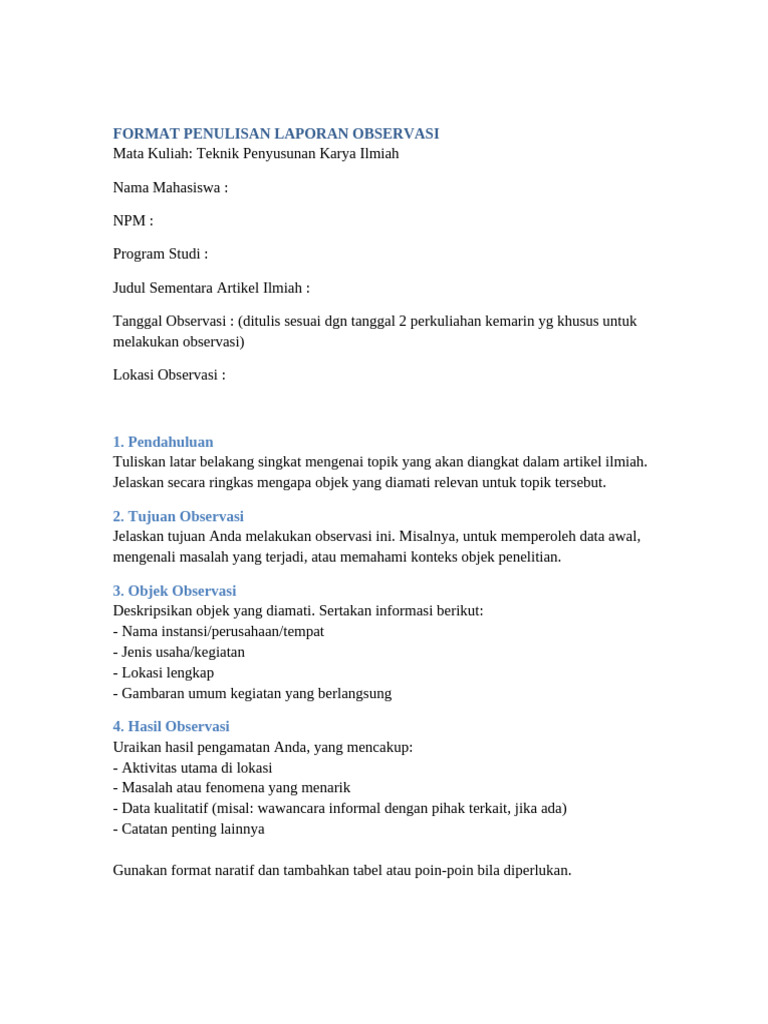 Format Laporan Observasi Teknik Karya Ilmiah | PDF