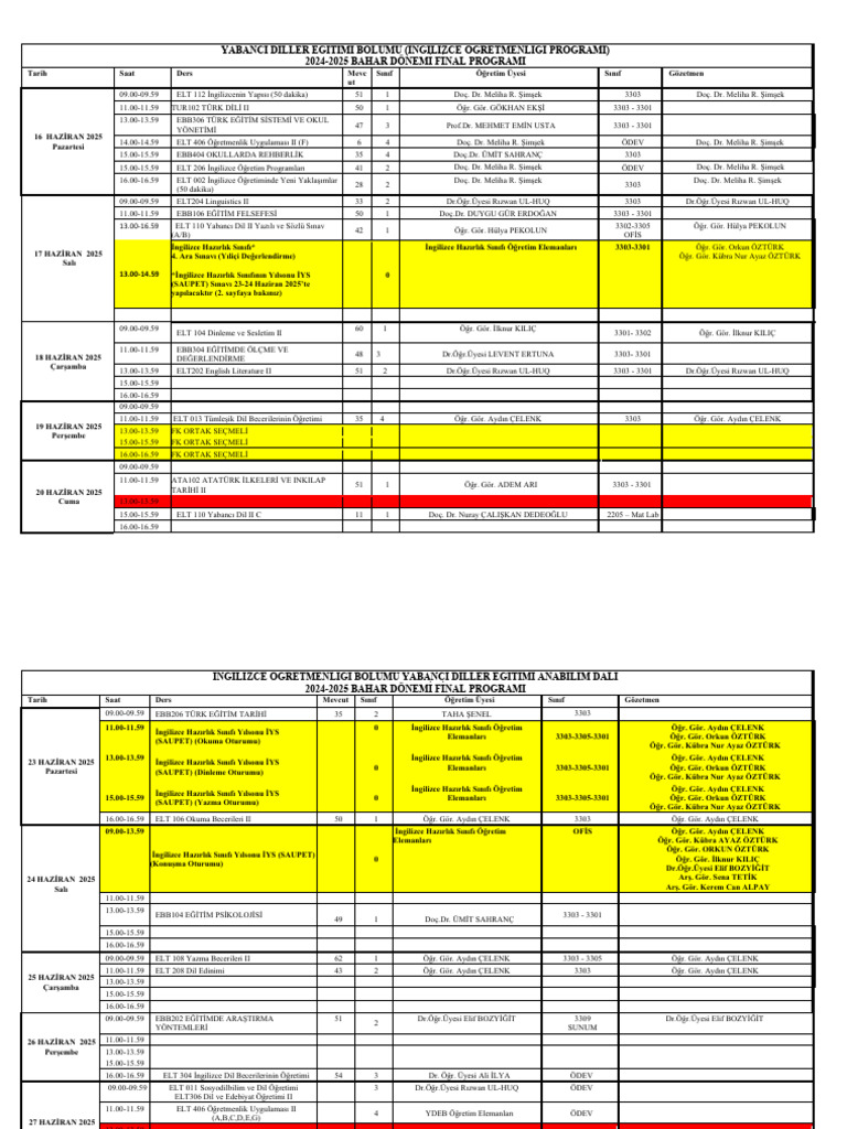 2024-2025 Bahar Final Sinavi Programi | PDF