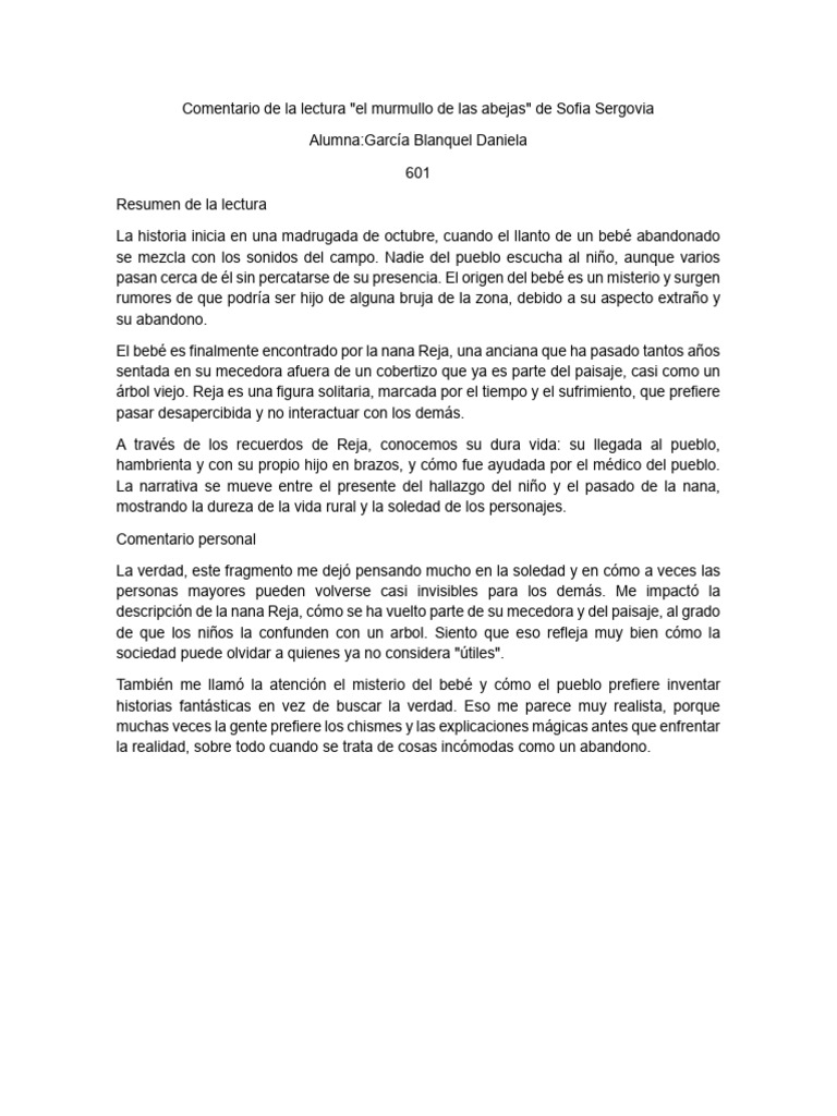 Comentario sobre "El murmullo de las abejas" | PDF