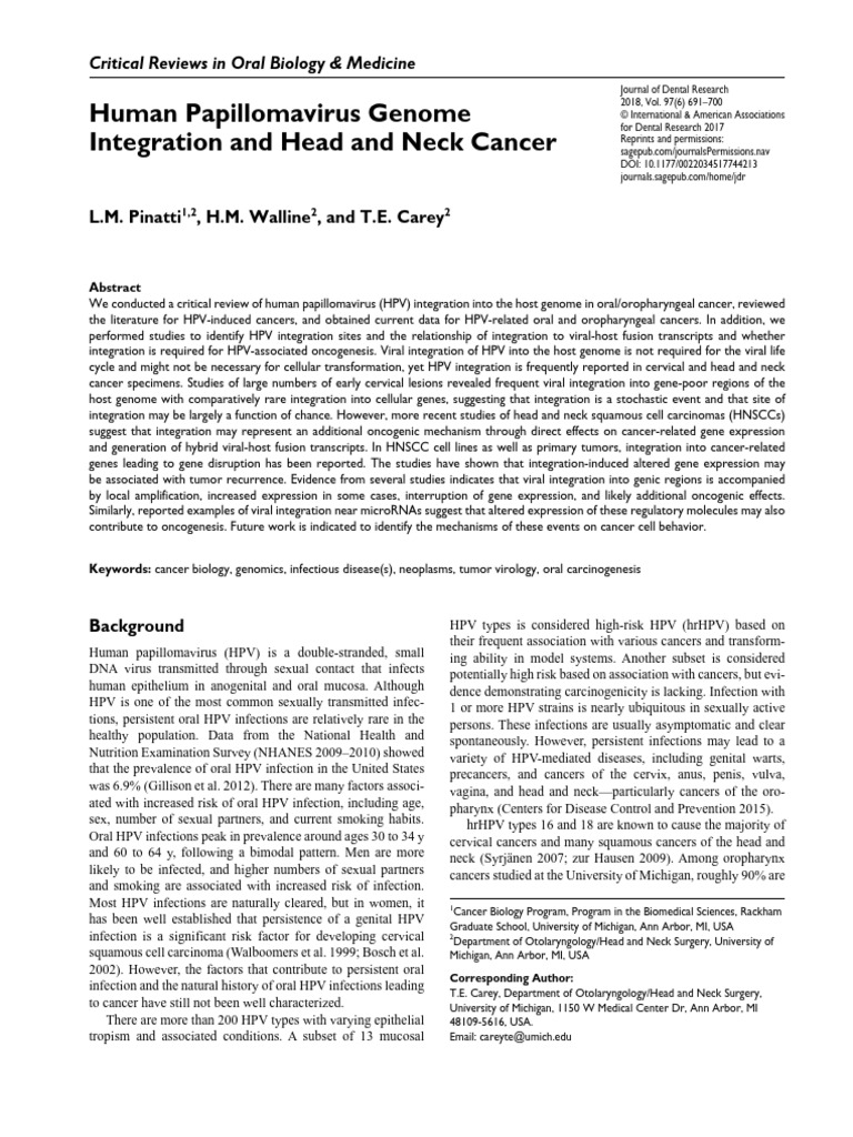 Human Papillomavirus Genome Integration and Head and Neck Cancer 10. ...