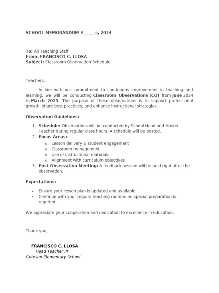 Kra4 Objective 4 School Memorandum | PDF | Teachers | Classroom Management