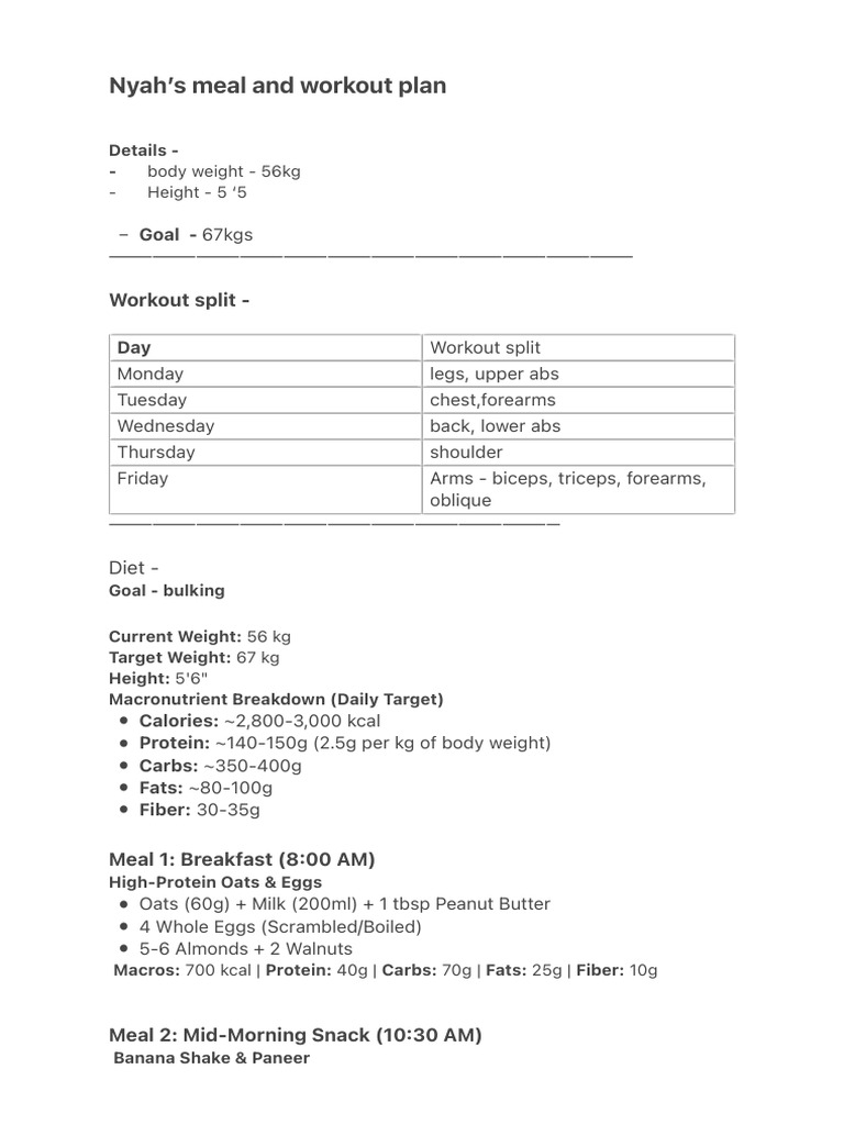 Nyah's Bulking Meal & Workout Plan | PDF | Cuisine | Foods
