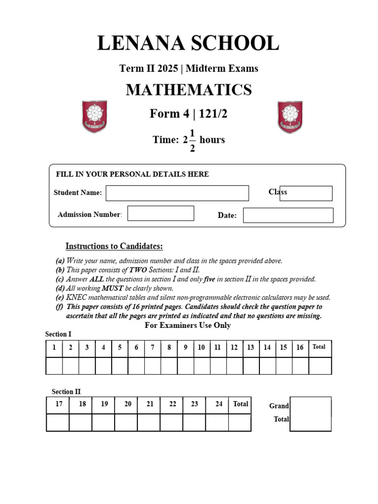 Form 4 Math Term Ii 2025 Midterm Exams | PDF | Cartesian Coordinate ...