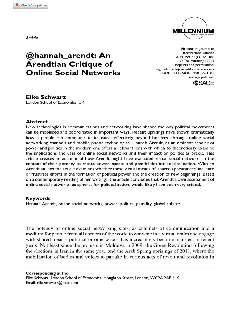Schawarz, Elke. @hannah - Arendt An Arendtian Critique of Online Social ...